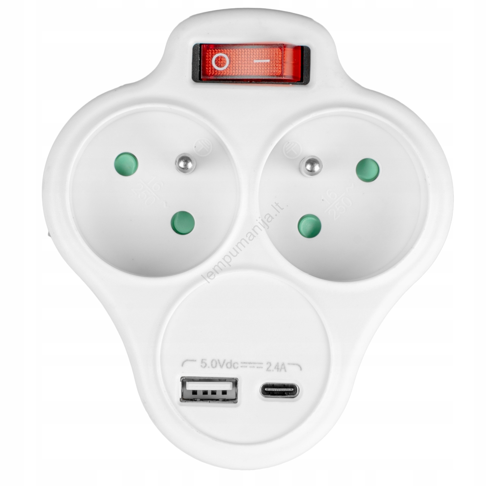 Prailgintuvas su jungikliu, 2 lizdai + USB-C + USB-A | Lempumanija